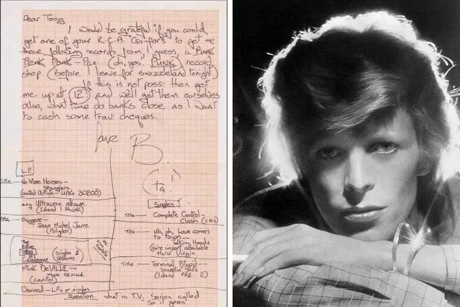 Lista manuscrita de las canciones favoritas de David Bowie de 1977