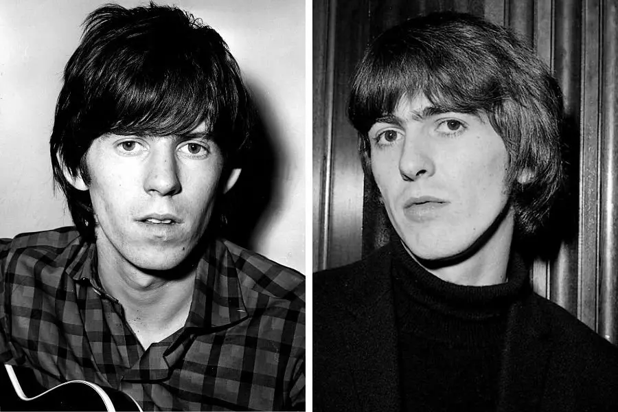 Kion Keith Richards amis la gitarludon de George Harrison